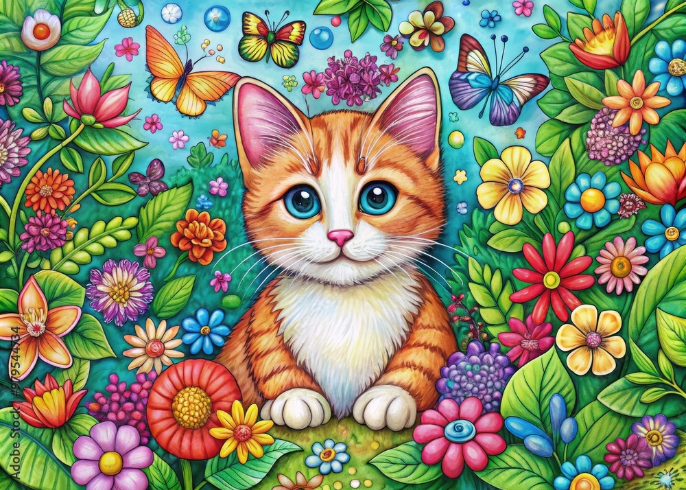 Adorable whimsical illustration of a playful kitty cat amidst colorful ...