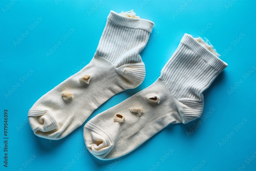 Crinkled, worn, and stained white socks with holes and frayed edges lay ...