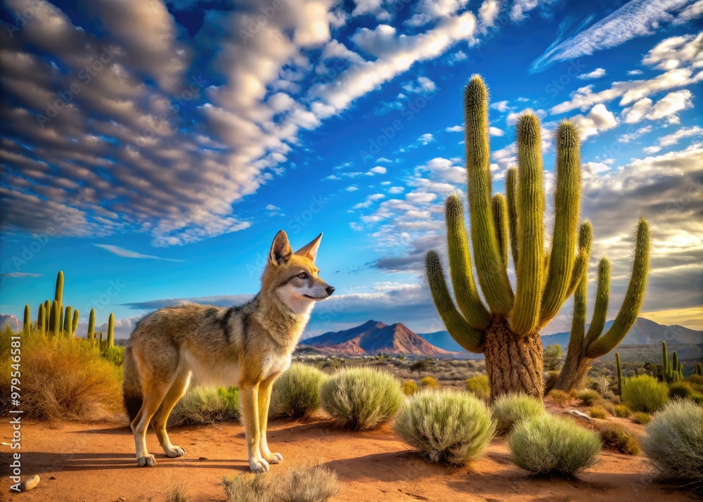 A majestic coyote stands amidst a vibrant desert landscape, surrounded ...