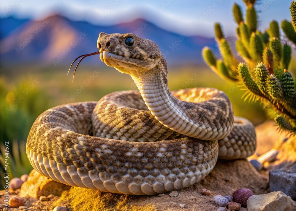 A menacing western diamondback rattlesnake coils on a rocky outcropping ...