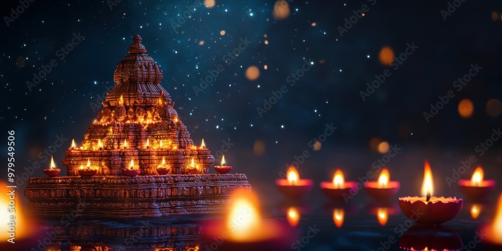 A beautiful temple with glowing diyas in the foreground, set against a ...