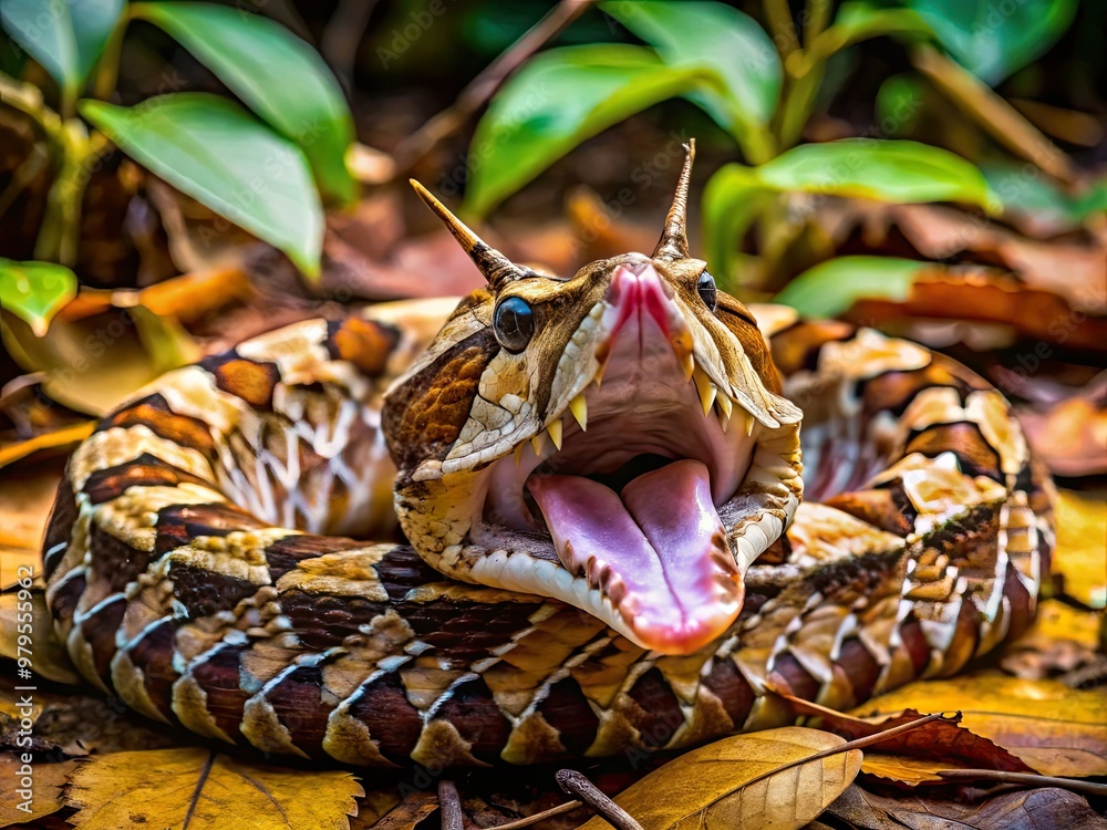 Dangerous western Gaboon viper snake coiled on forest floor, showcasing ...
