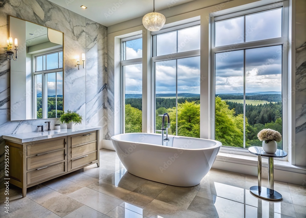 Elegant freestanding tub sits beneath a large window in a sleek, modern ...