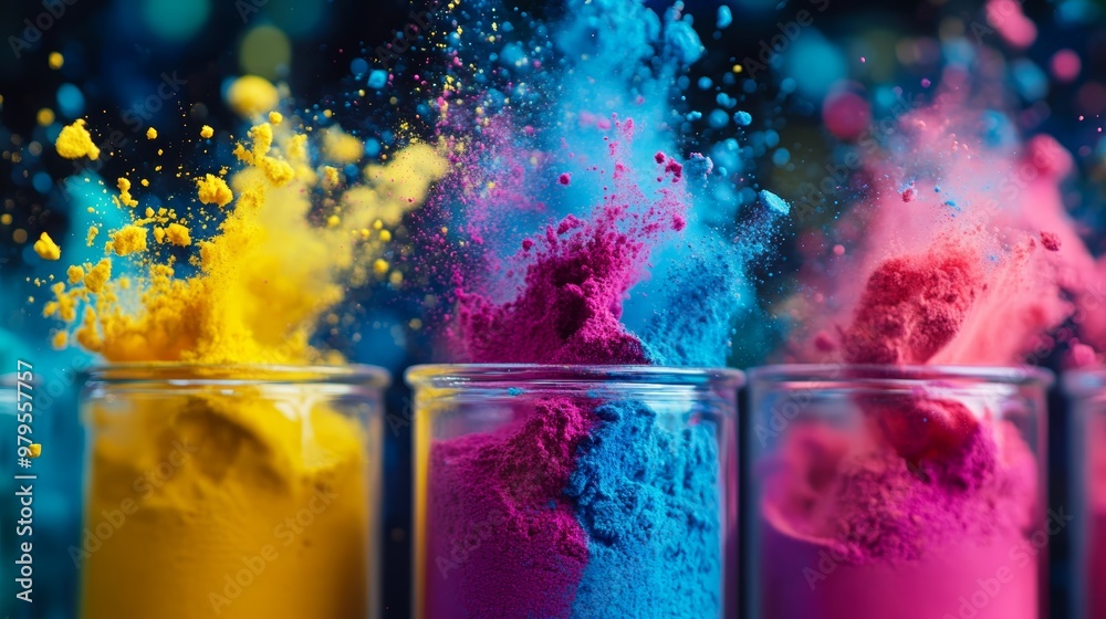 Vibrant colors of powdered pigments splash from glass jars, creating a ...