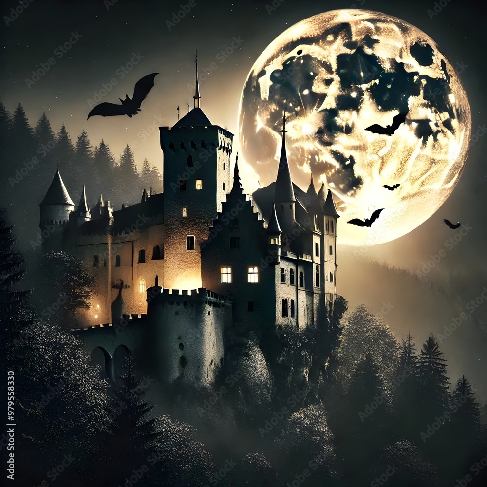 A haunting image of Bran Castle at night, illuminated by the full moon ...