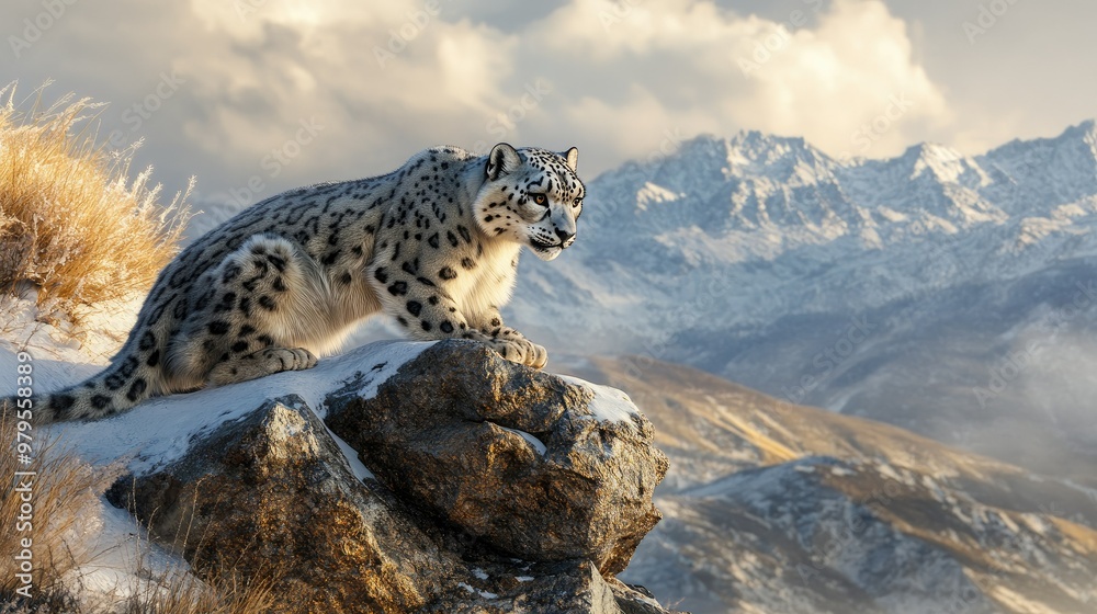 An elusive snow leopard crouching on a rocky ledge, its spotted coat ...