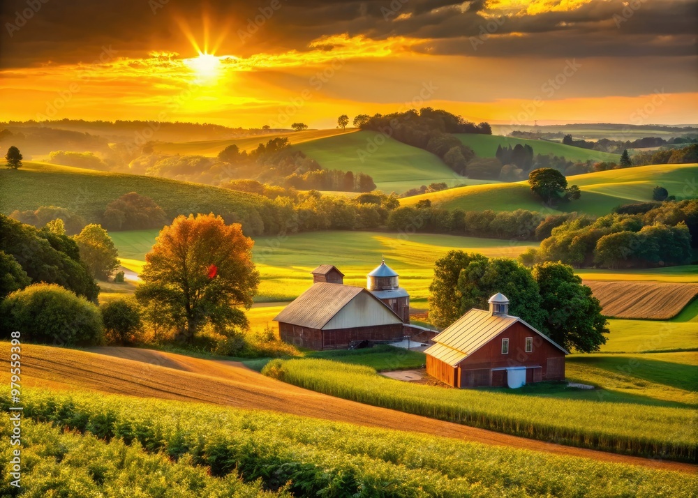 Golden sunlight casts a warm glow on endless rolling hills, rustic ...