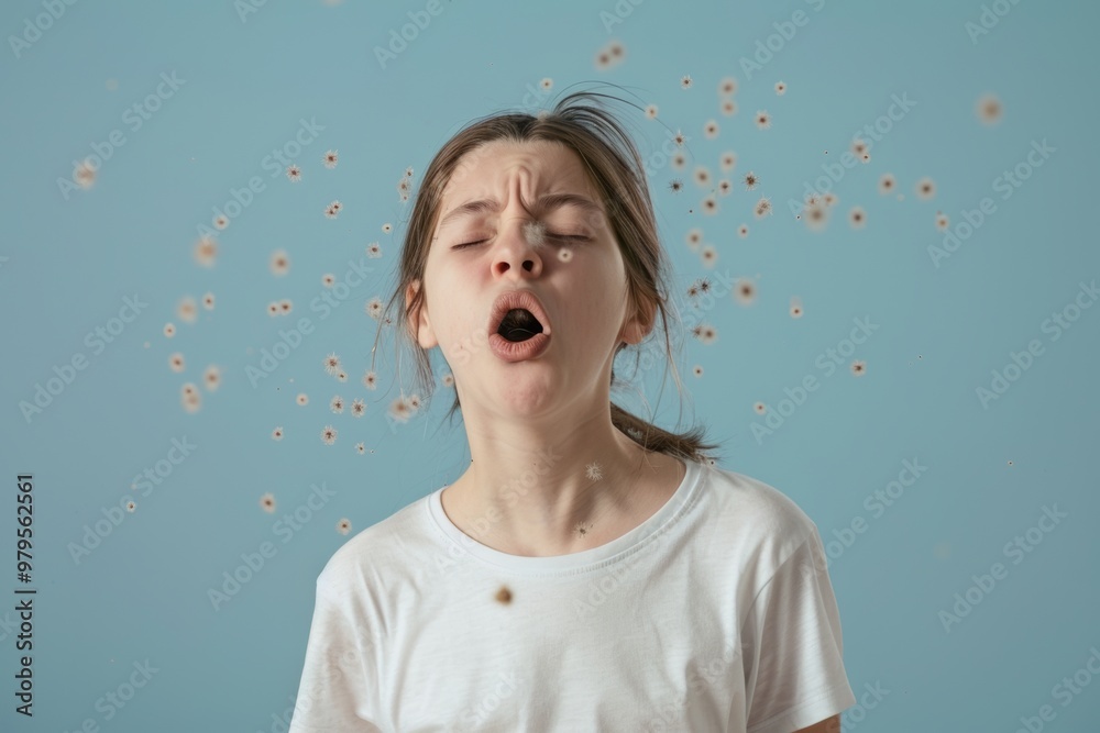 Close-up portrait of teen girl allergic reaction flying viruses ...