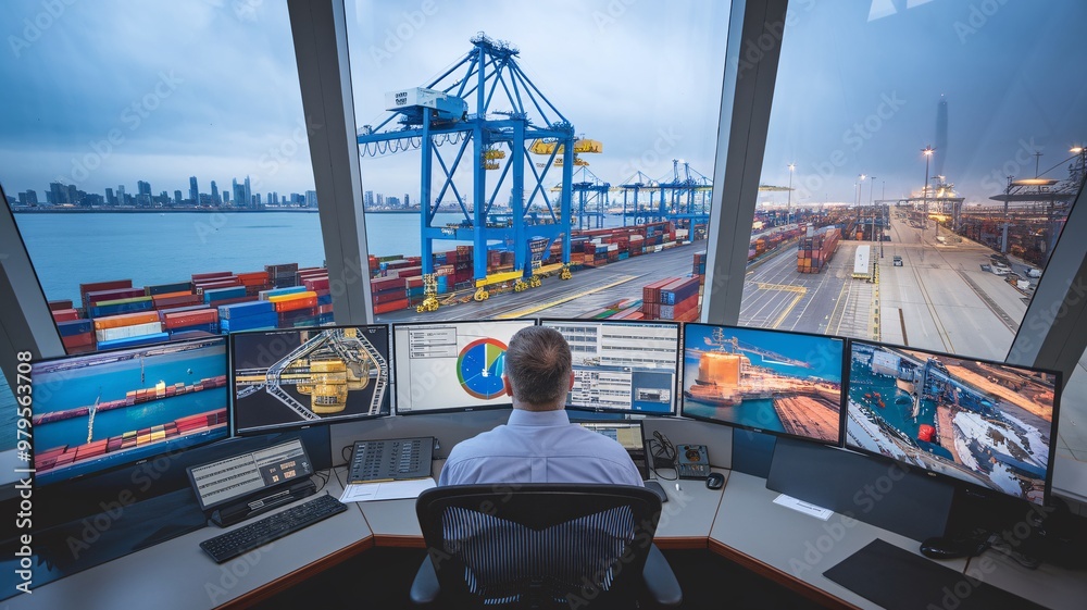 Port Operations Control Room. Modern control room with multiple screens ...