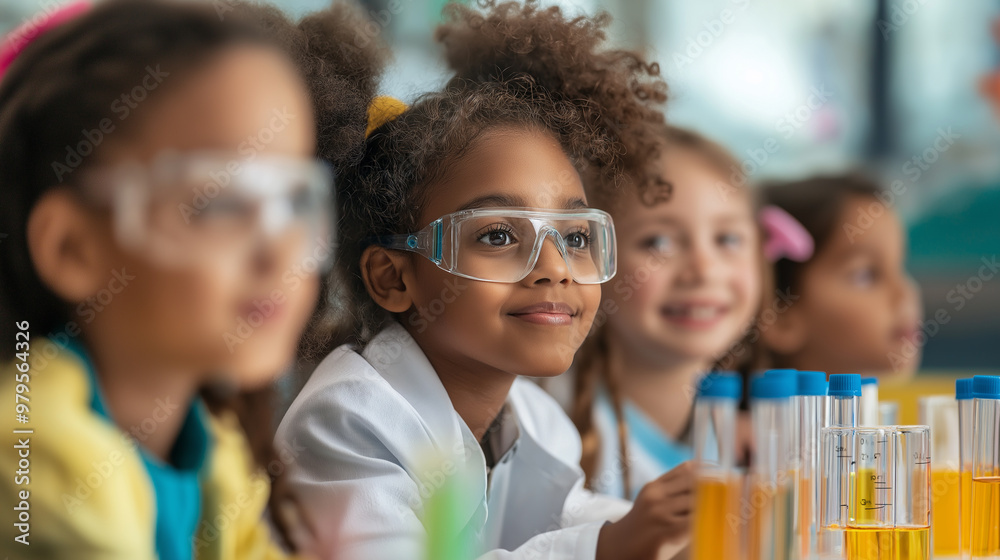 Group of cute school children in safety glasses with chemicals in test ...