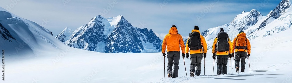 Group of explorers setting up a base camp on a snowy mountain, extreme ...