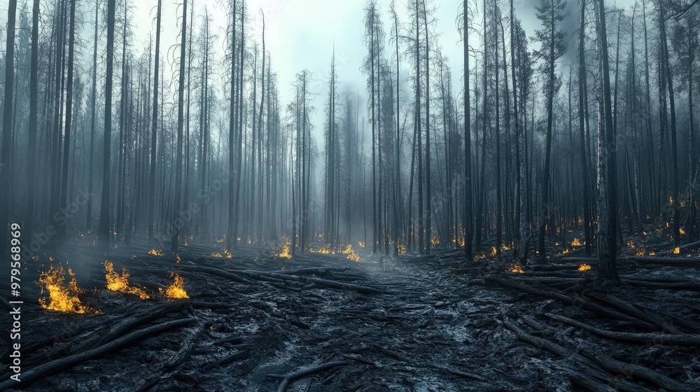 Smoldering remnants of a forest fire with charred trees and blackened ...