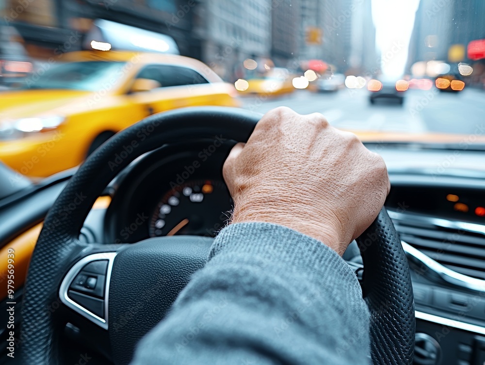 Taxi driver in a large city, driving through streets lined with tall ...