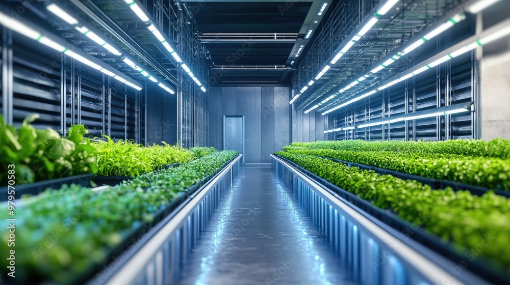 Vertical farming in a futuristic warehouse, utilizing hydroponics and ...