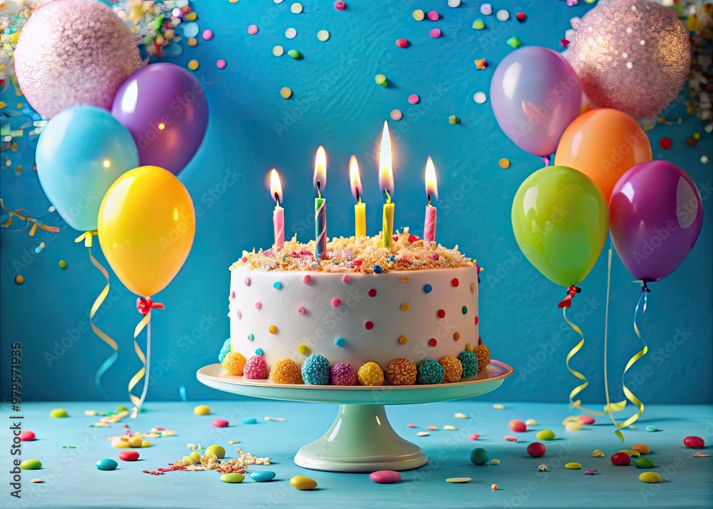 Vibrant colorful balloons and confetti surround a meticulously ...