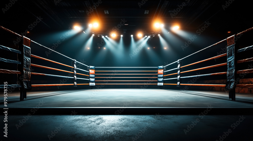 A boxing ring in an arena illuminated by overhead spotlights. The ring ...