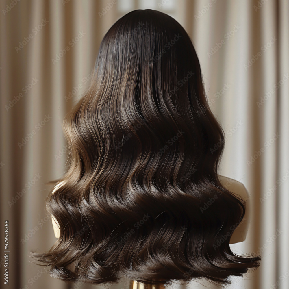 Back view of long wavy dark brown hair featuring soft, glossy curls ...
