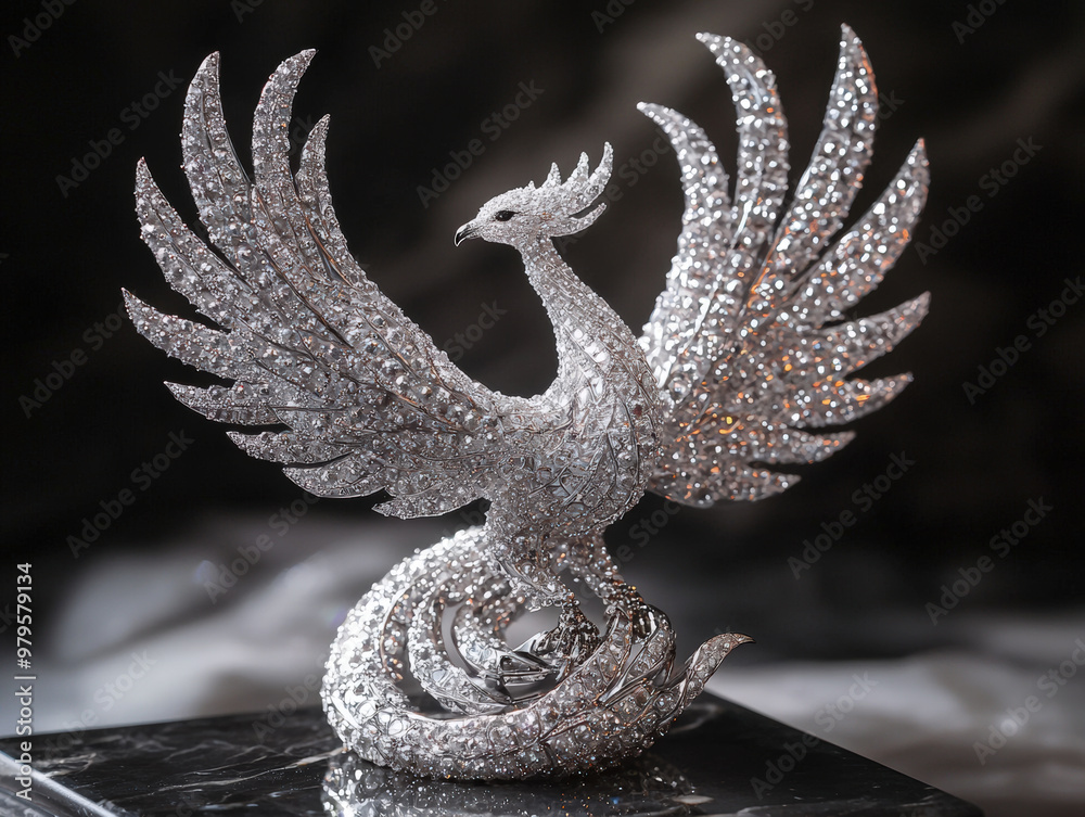 A stunning diamond covered phoenix rises majestically from ashes ...