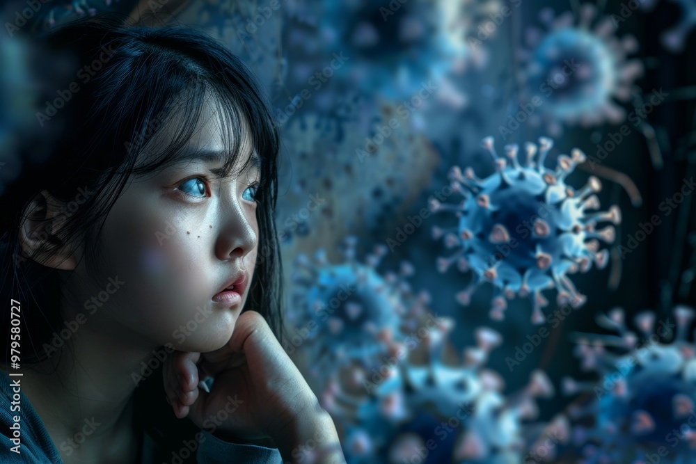 Anxious teen observes crowd feeling overwhelmed fear. Fearful teenager ...