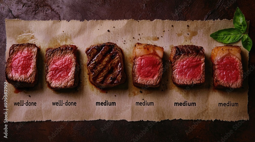A photo of the "well-done" steak, cut into slices and placed next to ...