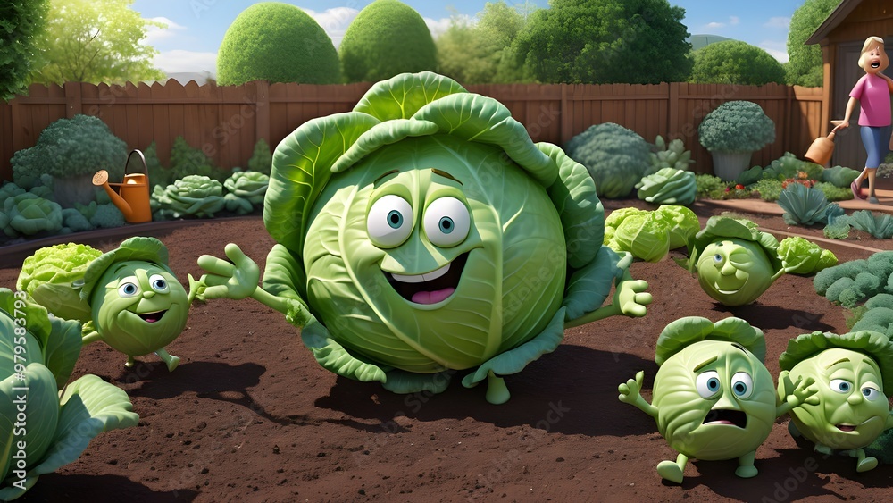 cabbage characters are scattered throughout the garden, interacting ...