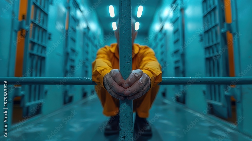 Inmate sitting alone in a prison cell at night, gripping bars with both ...