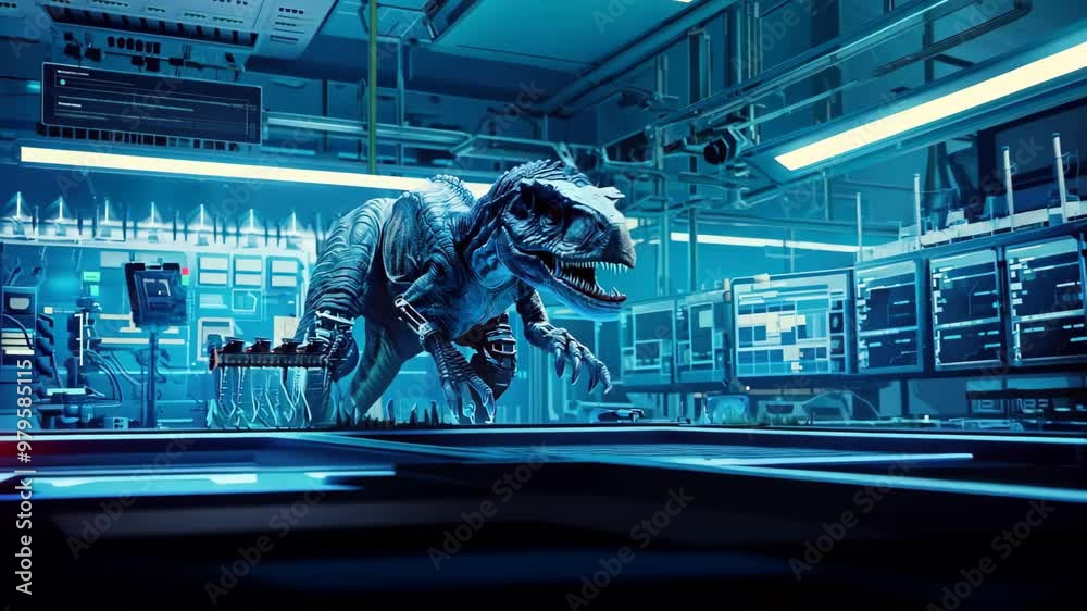 A futuristic lab features a lifelike robotic dinosaur resembling a ...