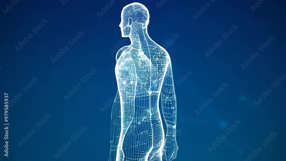 A 3D human figure crafted from glowing lines and nodes, set against a ...