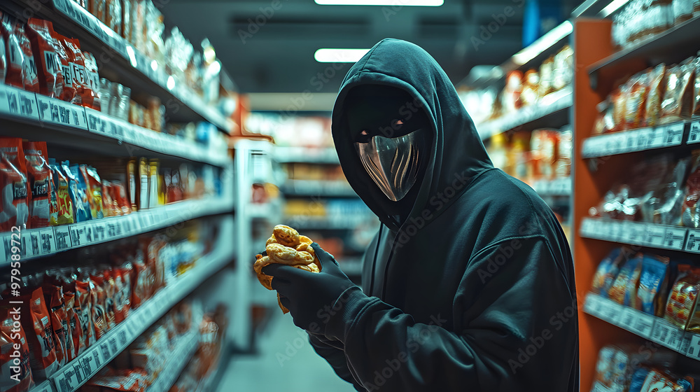 In a dimly lit store aisle, a thief in a mask and hoodie covertly ...