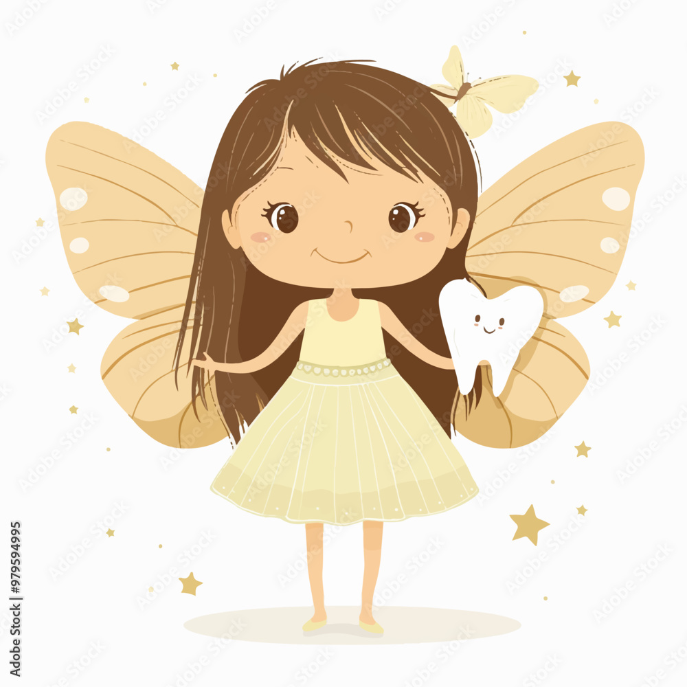 Tooth fairy in a caron and with a magic platter. The tooth fairy holds ...