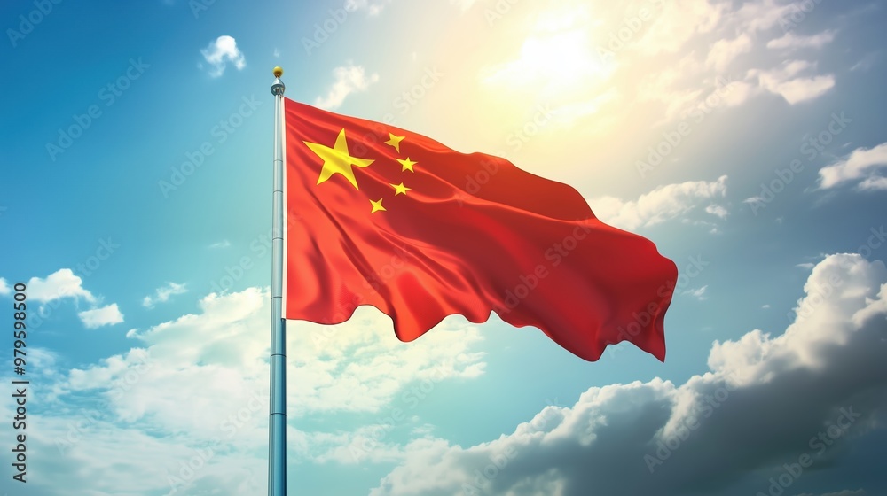 An ultra-realistic depiction of the Chinese flag flying majestically in ...