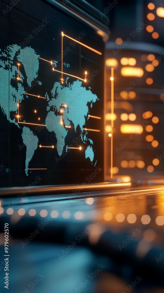 Interactive holographic world map in a hightech control room, with data points and connections ...