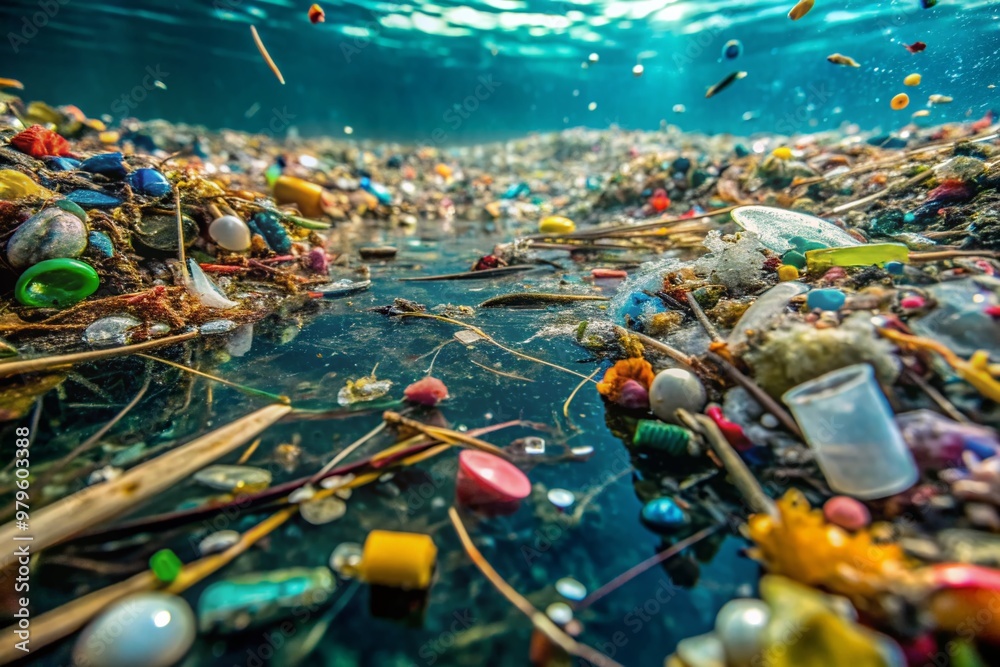 Microscopic view of contaminated water filled with tiny plastic ...