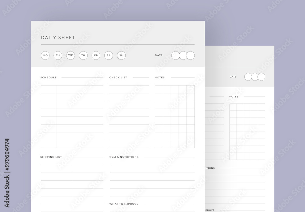 Daily Sheet Planner With Grey Header Stock Template | Adobe Stock