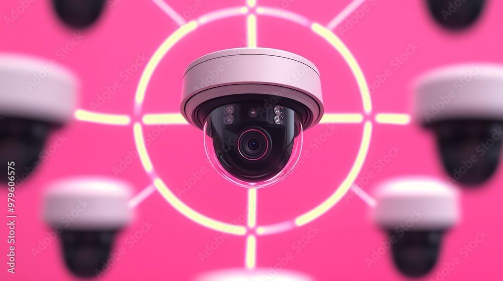 Multiple CCTV cameras arranged in a circular formation, connected by ...