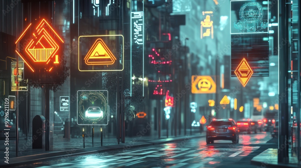 Futuristic traffic signs on a smart city street, with holographic ...