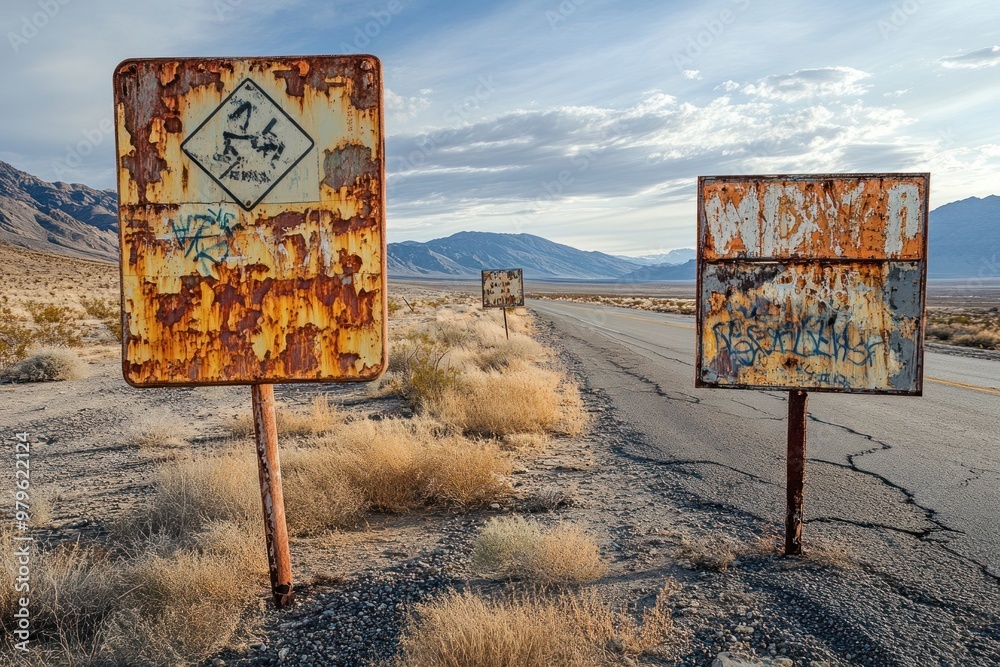 Old highway signs covered in rust and graffiti, located on a forgotten ...