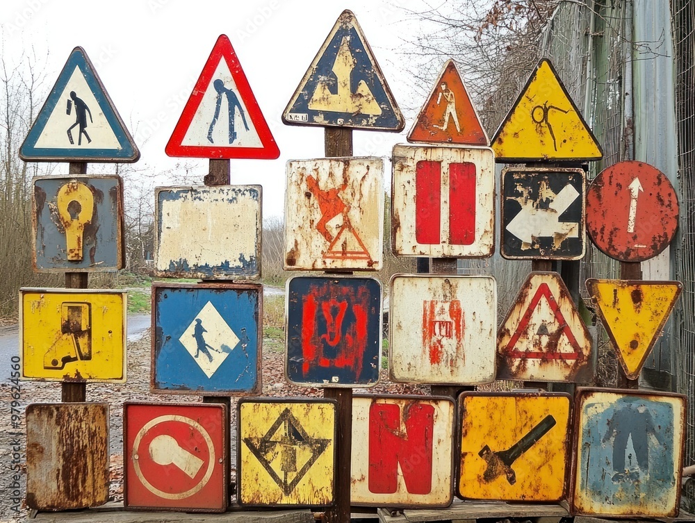 Vintage traffic signs from different decades, displayed as part of an ...