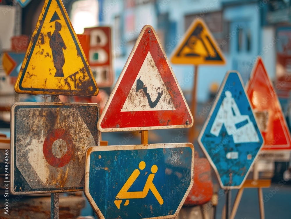 Vintage traffic signs from different decades, displayed as part of an ...