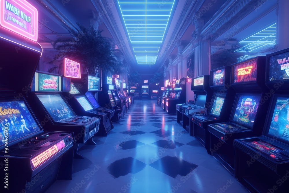Neon Retro Arcade: Step into a retro arcade, bathed in neon lights ...