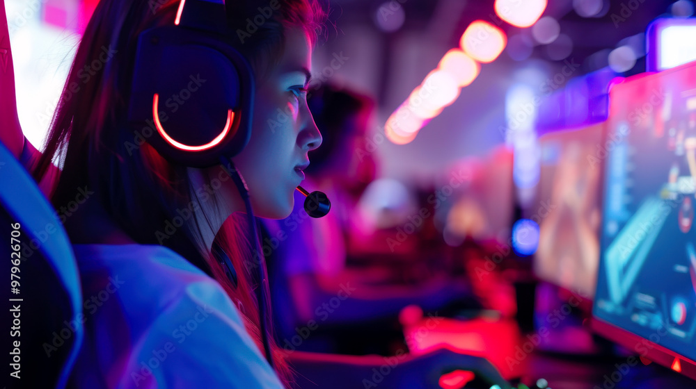 Intense gamers in fierce competition, focused on their screens with ...