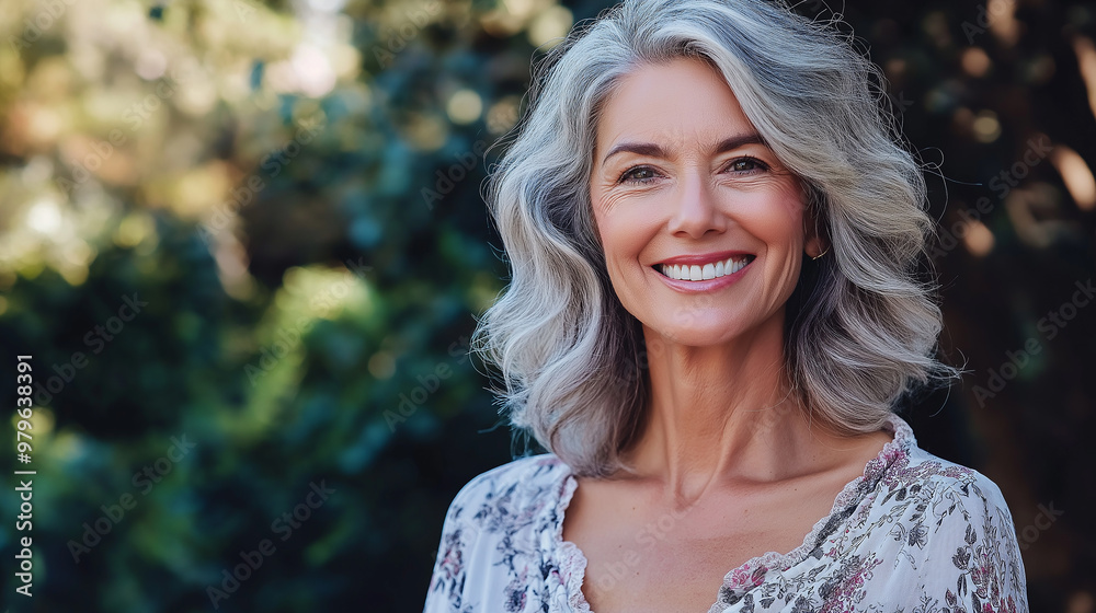 Beautiful mature woman with grey hair smiling outdoors Stock Photo ...