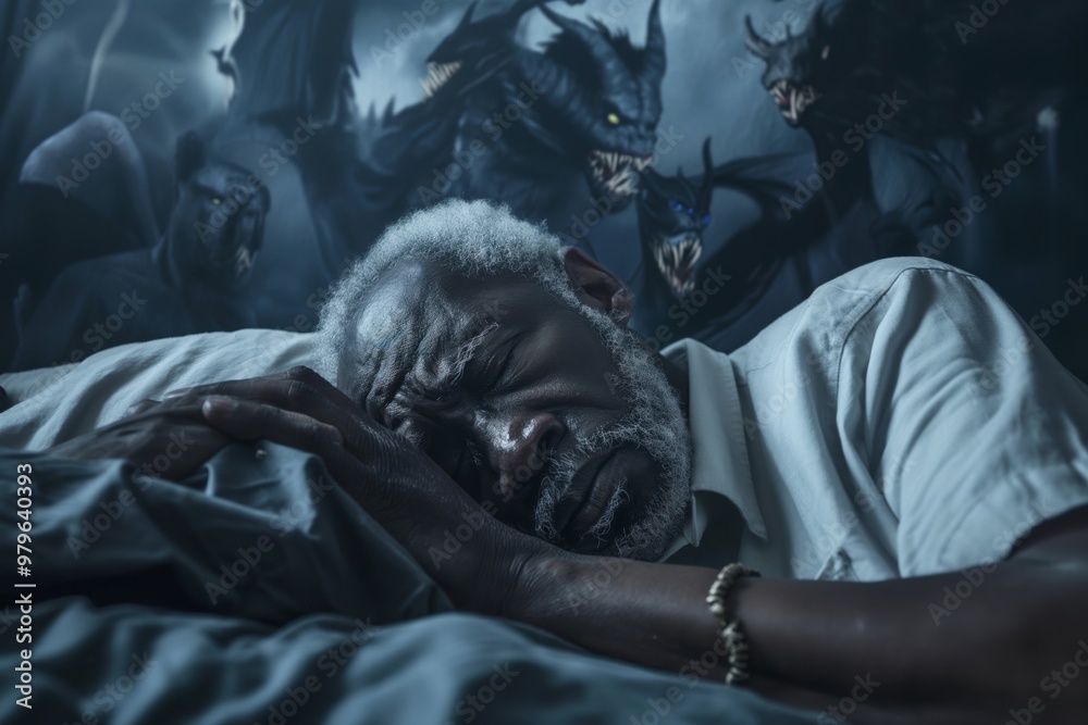Nighttime dread captures sleeping man horrifying surreal scene. Old man ...