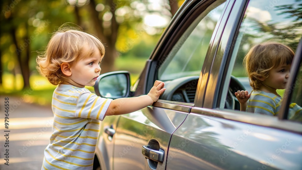 ภาพประกอบสต็อก Unsupervised young child's hand reaches out to open car ...