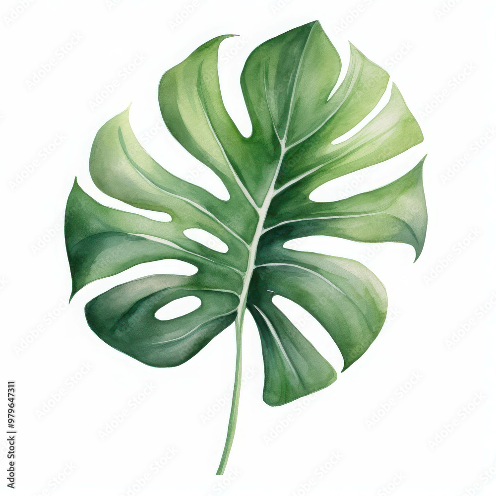 Watercolor Monstera Leaf: A vibrant, hand-painted illustration of a ...