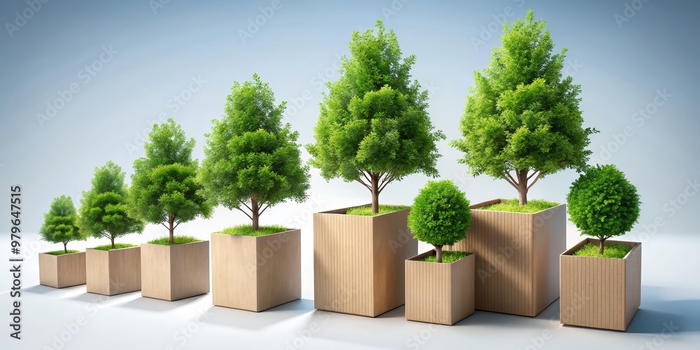 Growing Green A 3D Render of Seven Trees in Wooden Planters, Plant ...