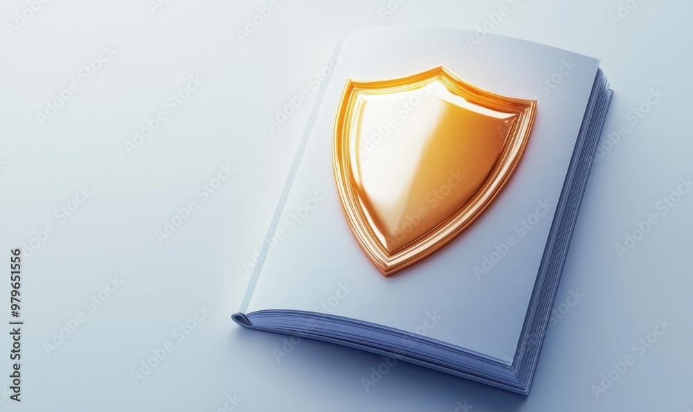 Golden shield sits atop a white book, symbolizing protection and ...