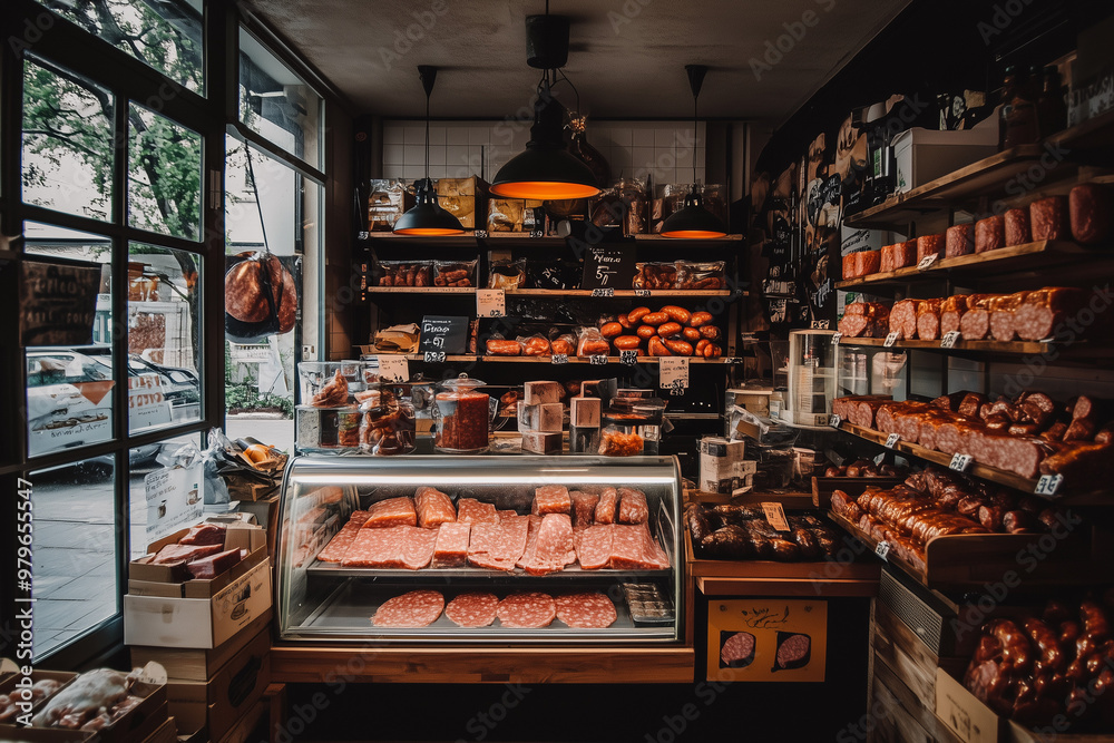 Interior design of butcher shop with glass cabinet of meat and sausage ...