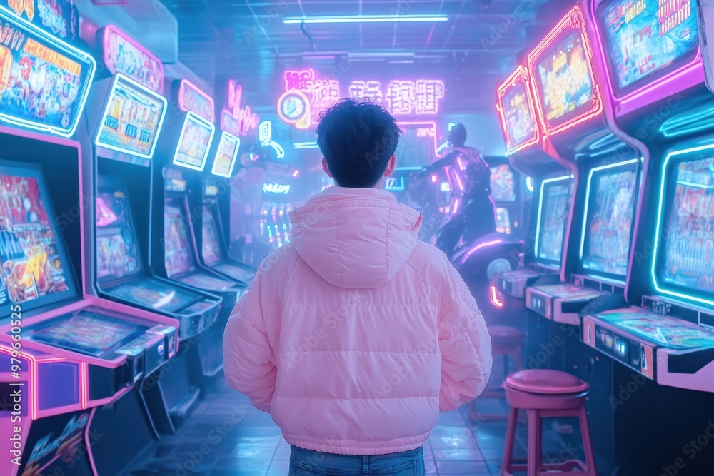 Neon Arcade: A lone gamer stands amidst vibrant, glowing arcade ...