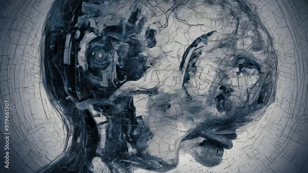 Flying inside the Digital Brain of Artificial Intelligence, Bid data. Illustration of thought ...